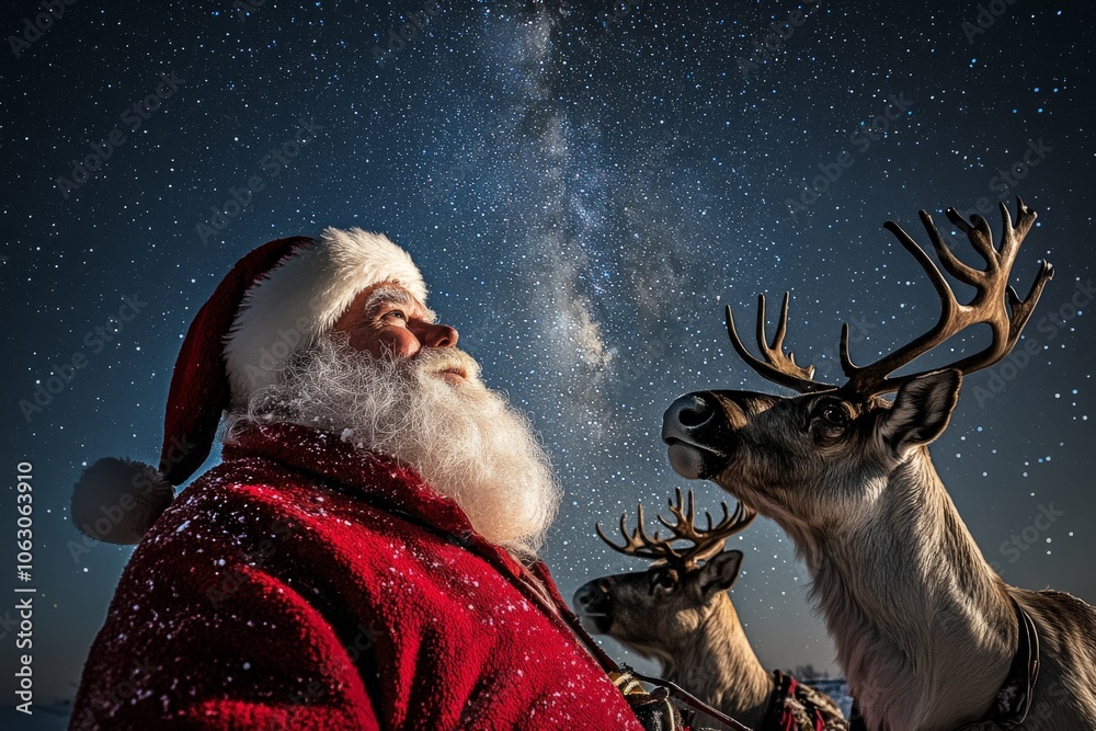In the peaceful night, Santa Claus lifts his gaze to the beautiful ...