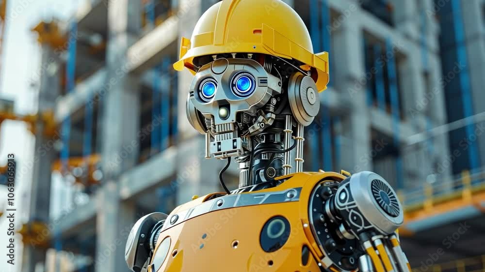 Construction Robot: Future of Building. A close-up shot of a futuristic ...