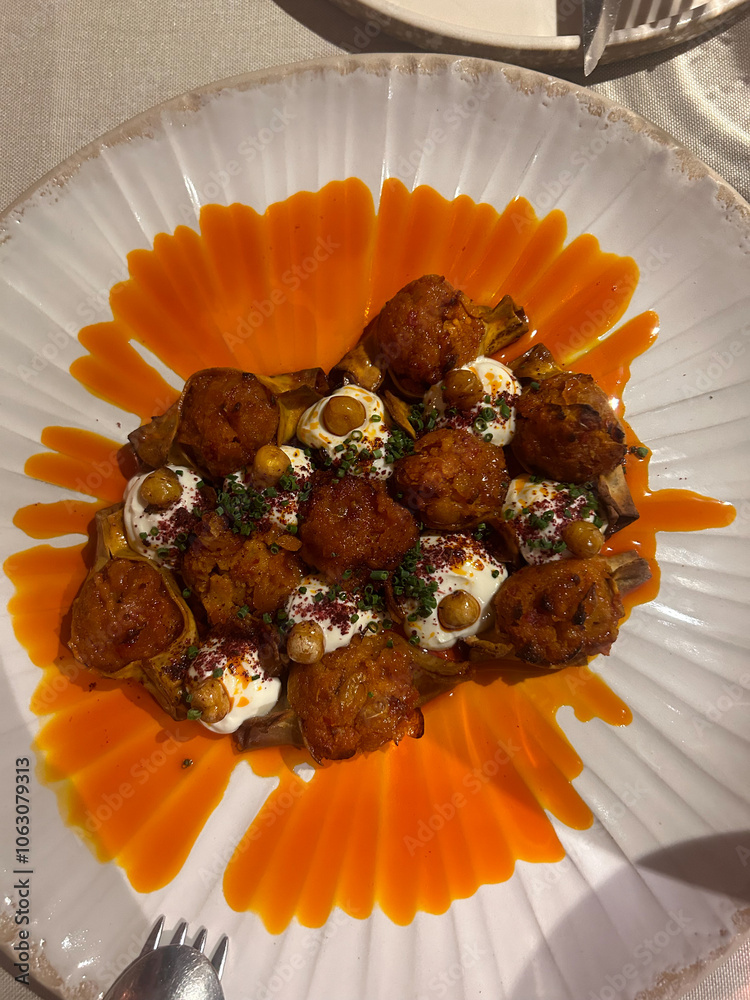 Fine Dining Tepsi Manti burnt yoghurt, black garlic,spicy chickpeas ...