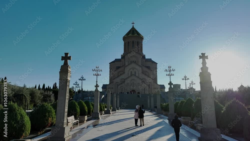 Holy Trinity Cathedral or Tsminda Sameba Church aerial panoramic view ...