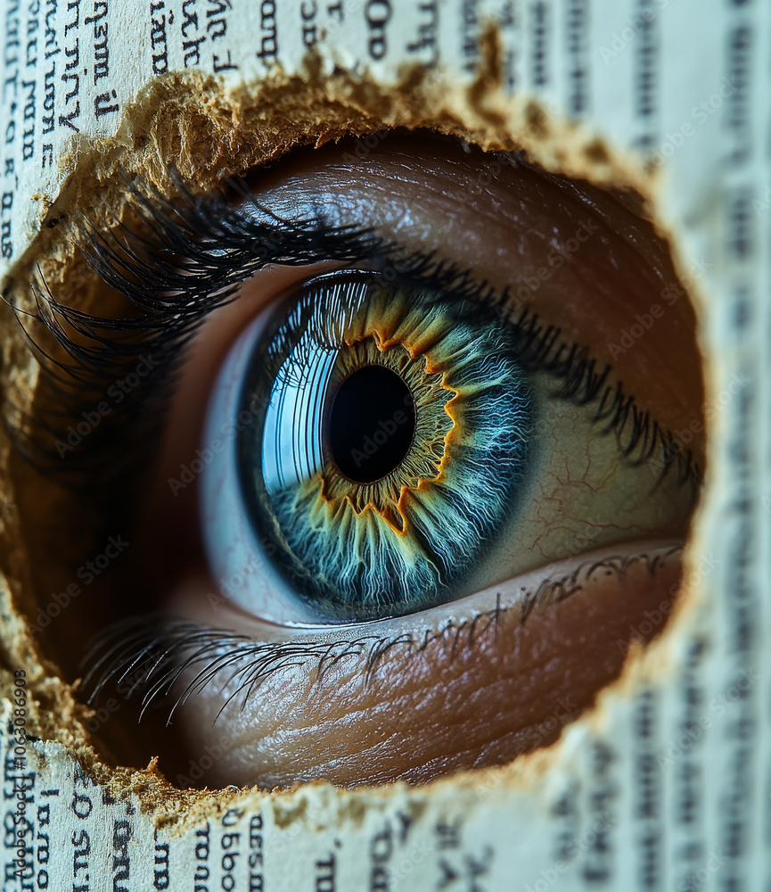 Eye through torn paper concept. A close-up of an eye looking through a ...