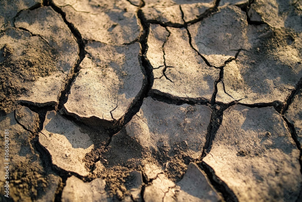 A close-up of cracked dry earth showing deep, narrow fissures and ...