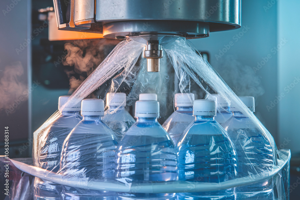 Automated Packaging of Bottled Water. A close-up view of an industrial ...