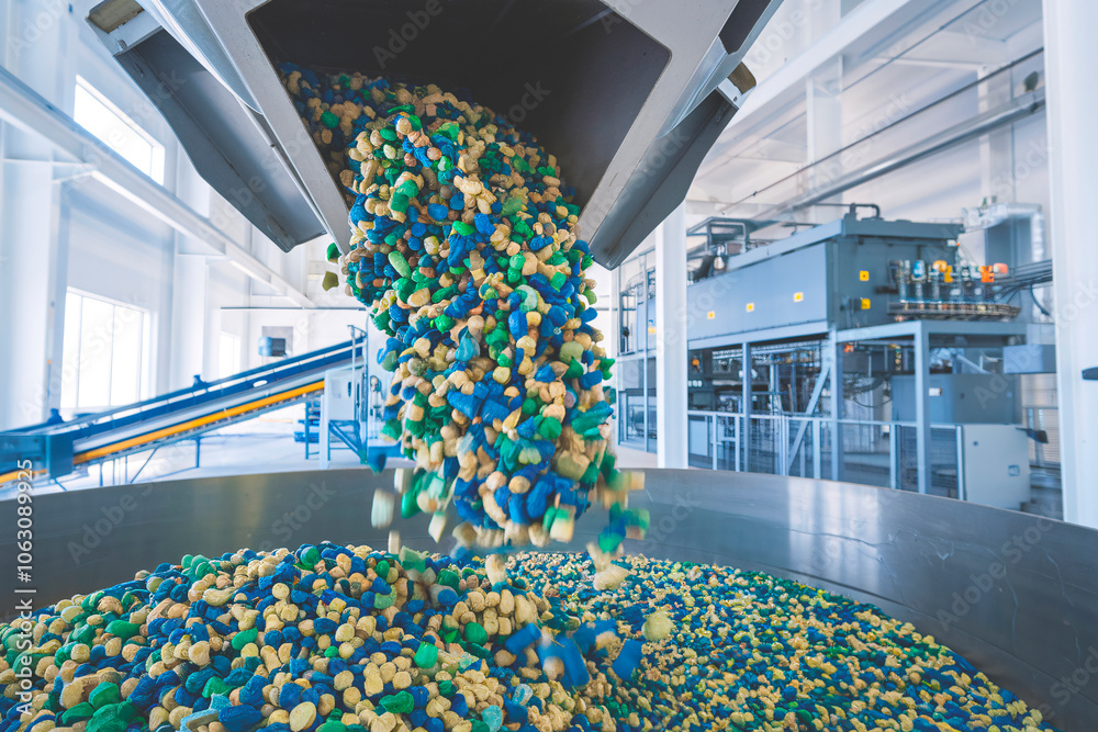Industrial Plastic Recycling Process in Modern Facility. Colorful ...