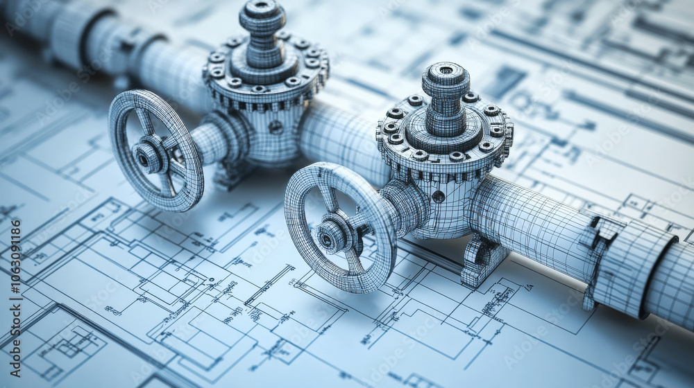 Industrial pipe, valve and handwheel in a 3d wireframe projection ...