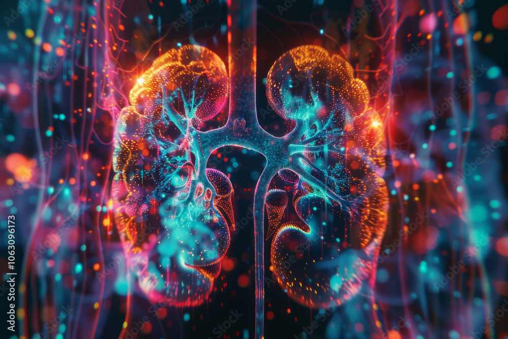 Futuristic 3D illustration of human kidneys with a glowing, vibrant ...