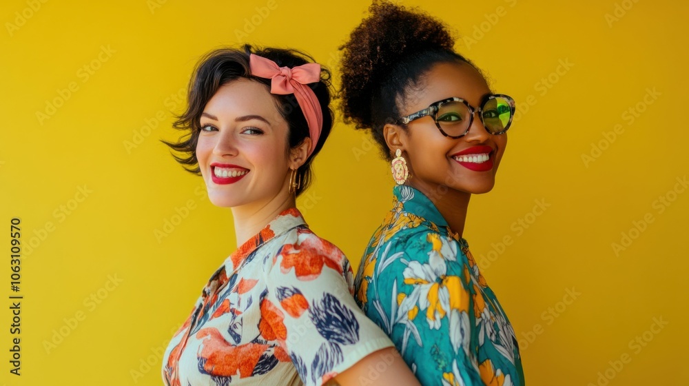 Two happy women from the 60s and 2020s, one in a retro floral dress and ...