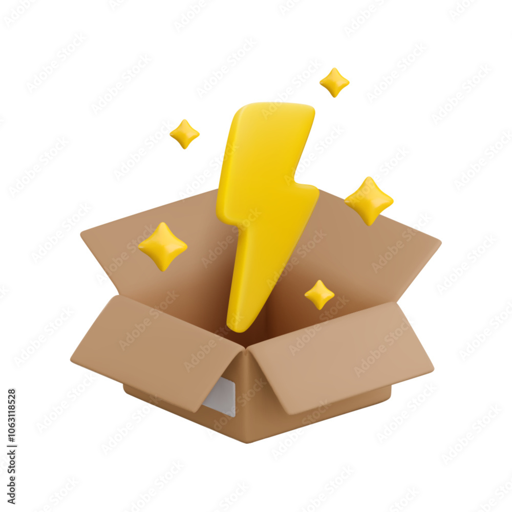 Vector cartoon 3d opened carton box with flash sign. Cute realistic 3d ...