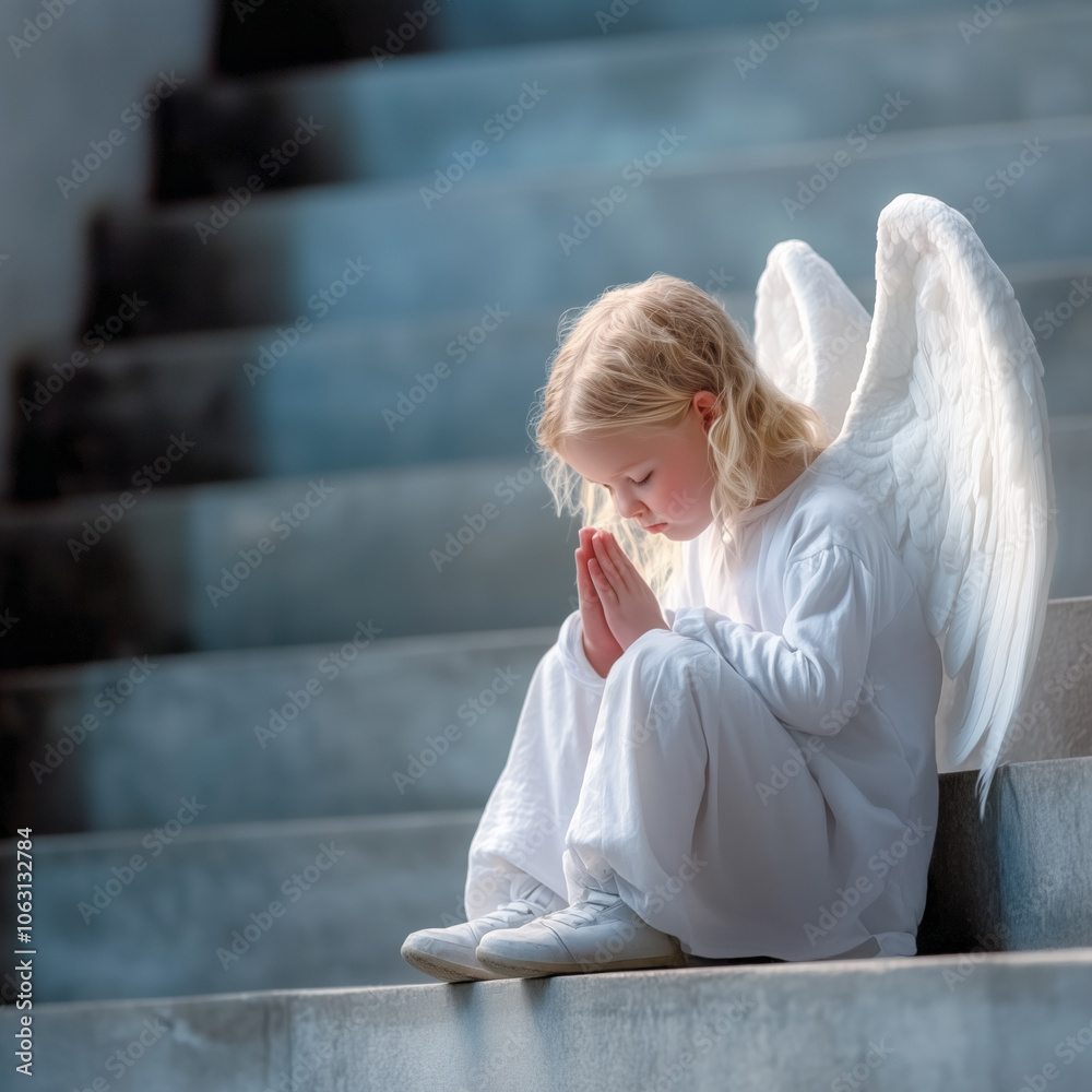 Young child dressed as an angel kneels in prayer on outdoor stone steps ...