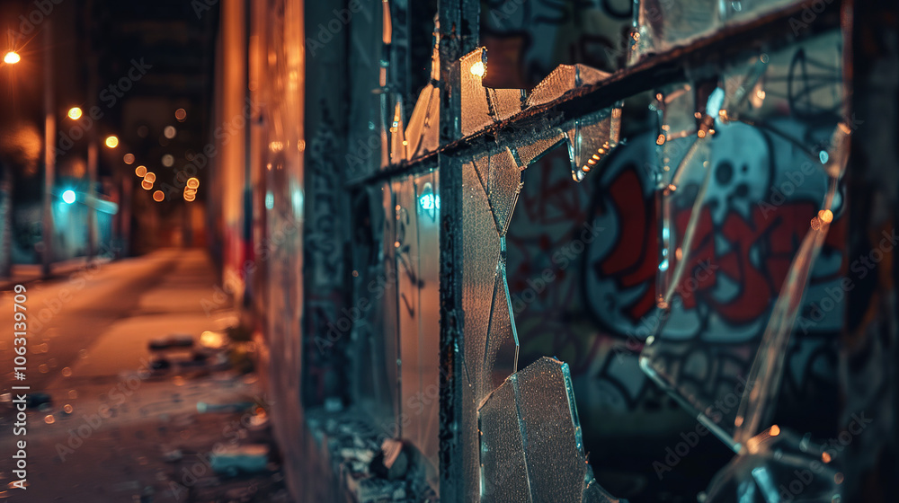 City street at night with broken windows and graffiti on walls ...