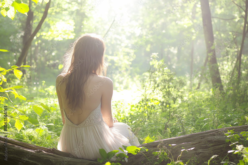 Young woman sitting on a log in a serene forest, bathed in natural ...