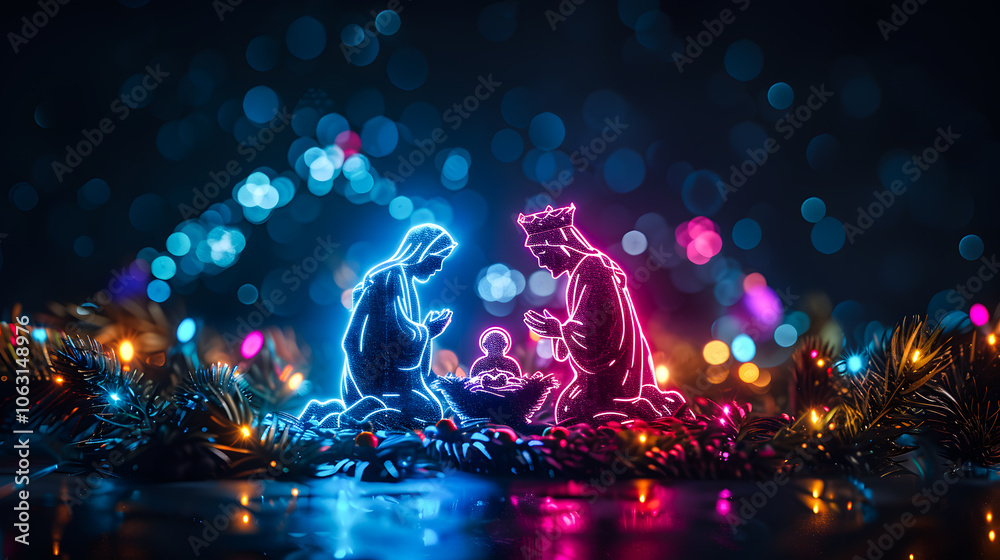 illustration Christmas nativity neon scene of born child baby Jesus ...
