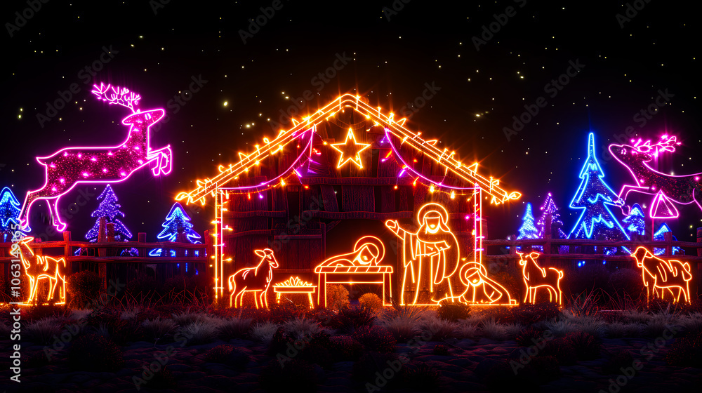 illustration Christmas nativity neon scene of born child baby Jesus ...