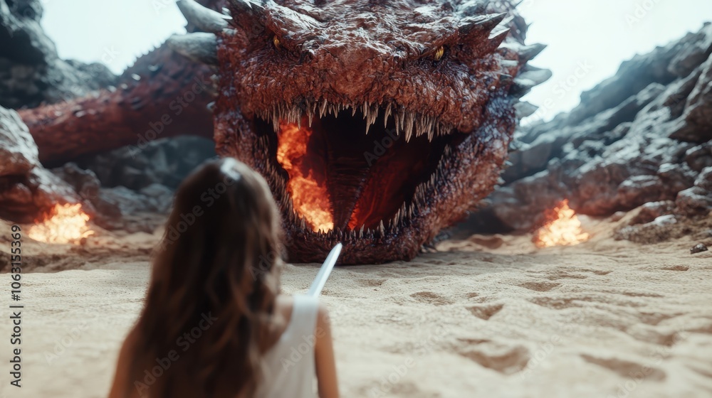 A brave warrior stands her ground as she faces a massive, fierce dragon ...