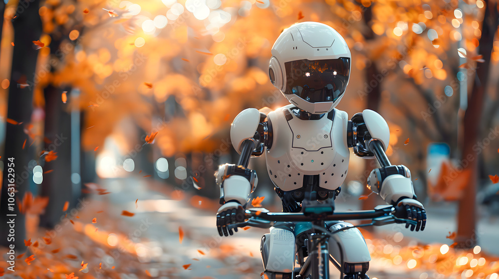 Happy humanoid robot rides a bicycle along the autumn alley. Robotic ...