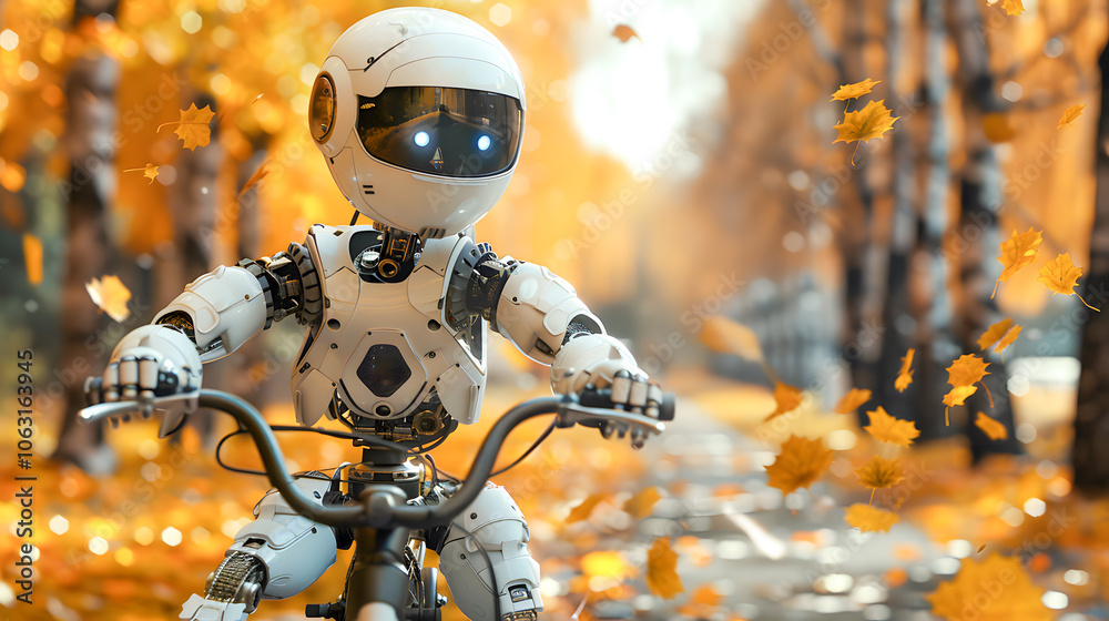Happy humanoid robot rides a bicycle along the autumn alley. Robotic ...
