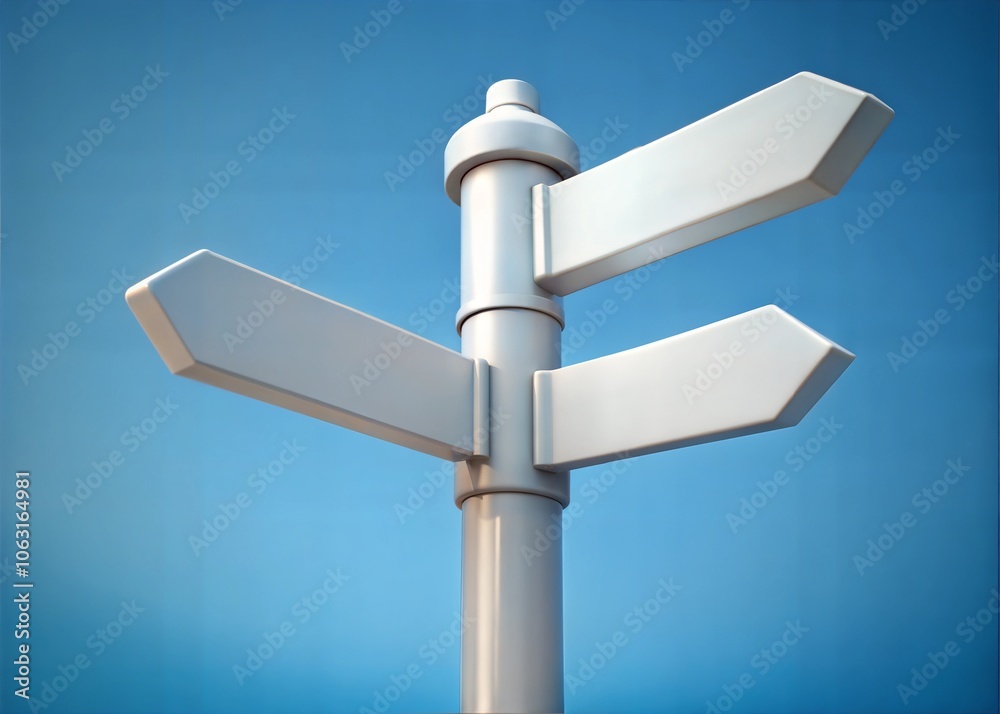 White fingerpost. Directional sign, 3D wayfinding arrows on pole ...