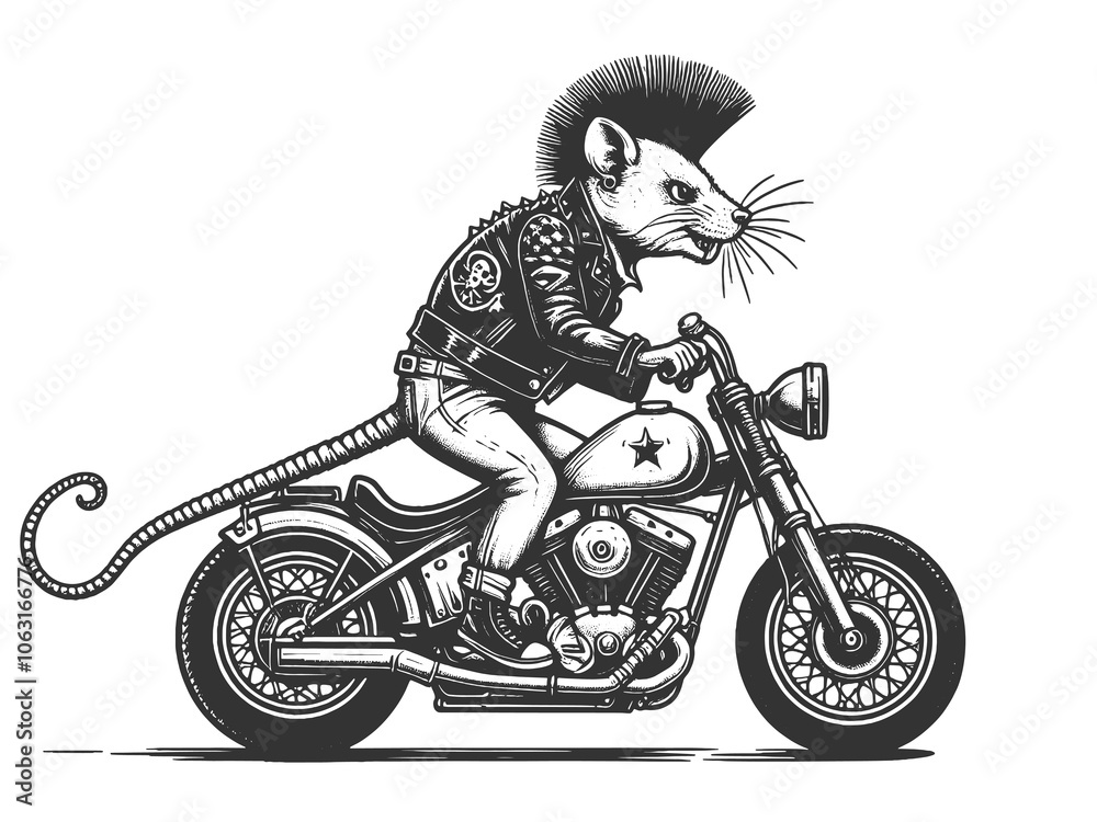 punk-style rat with a mohawk and leather jacket, riding a vintage ...