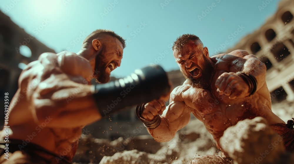 Photo & Art Print Two muscular gladiators fiercely exchanging punches ...
