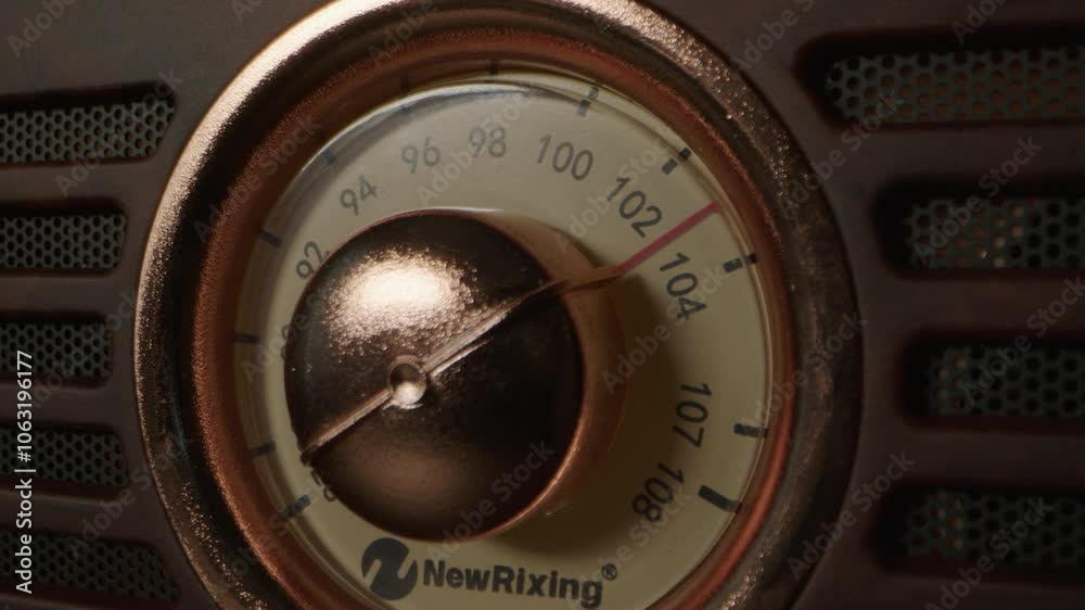 A close-up shot of a vintage radio with polished wooden casing and ...