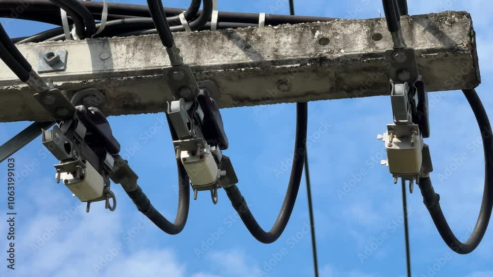 Overhead feeder power line on pole with fuse cutout switch for ...