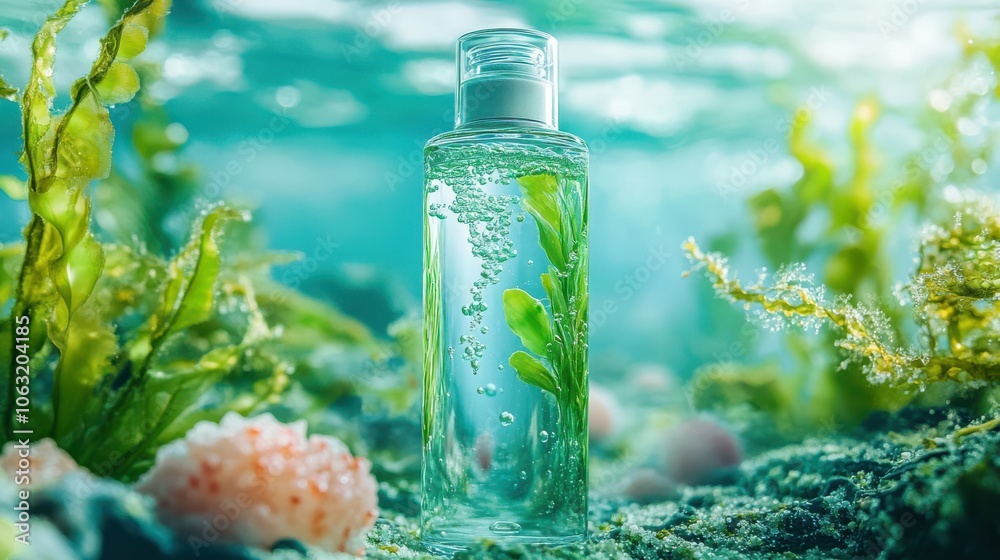 Collagen extract cosmetics of sea plants for product mockup. Algae ...