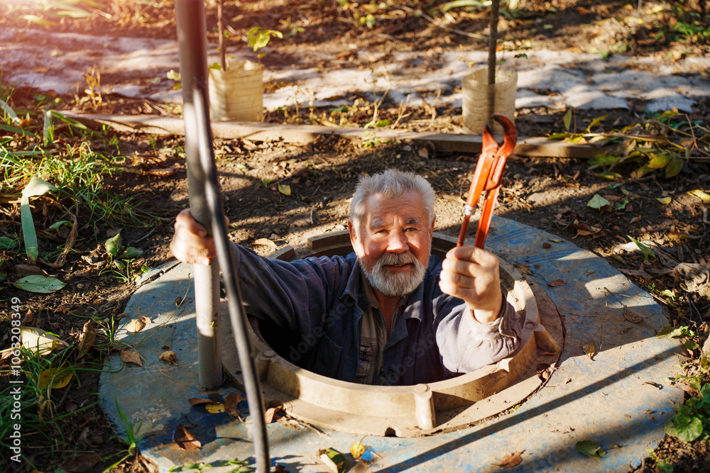 An elderly man with an adjustable wrench in the manhole of a water well ...