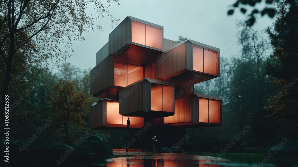 A massive cubic illuminated architectural structure appears to float in ...