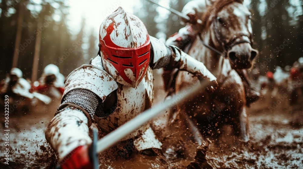 Clad in distinctive red helmet, a knight aggressively charges through ...