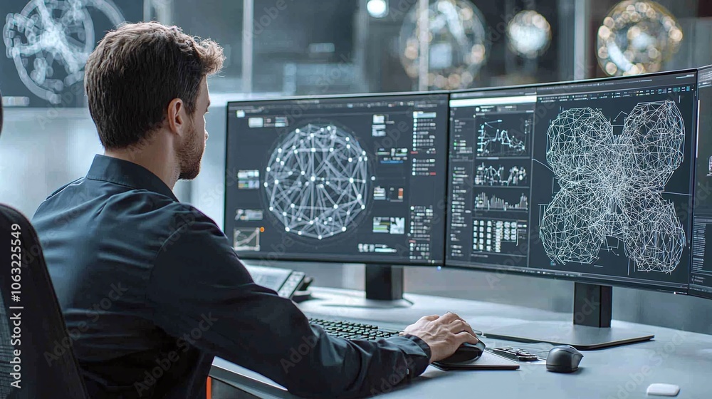 Engineer at Workstation with Digital Blueprints A close-up image of an ...