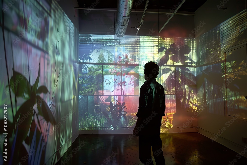 Visitor is enjoying an immersive video installation of a tropical ...