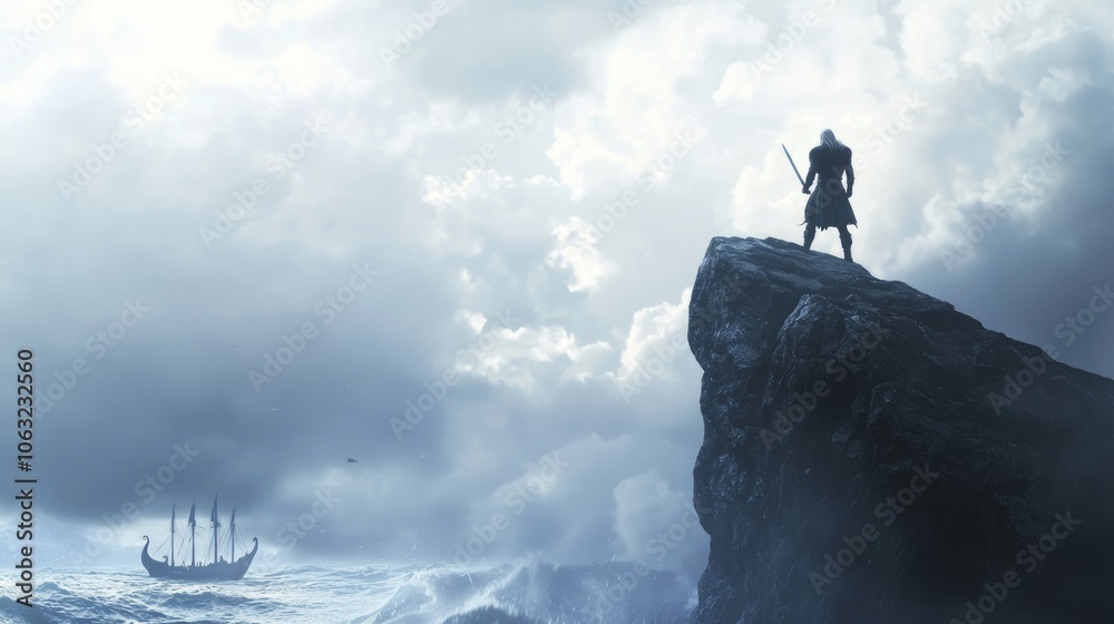 Epic Viking Warrior on Rocky Cliff with Stormy Sea and Longship - Ultra ...