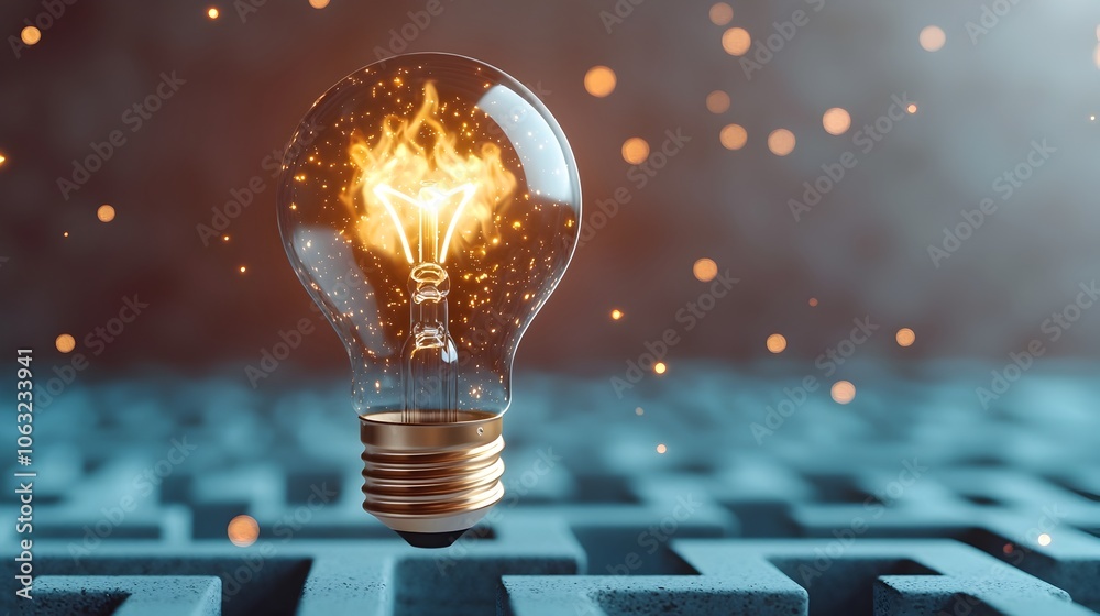 A fiery light bulb emitting radiant flames suspended over a detailed ...