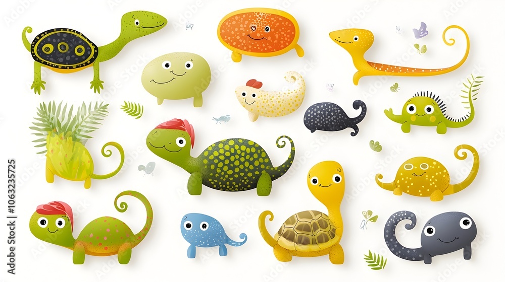 Vibrant and colorful cartoon reptile characters including chameleon ...
