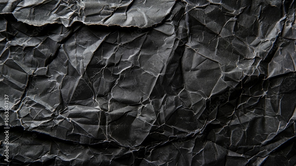 A close-up photo of crumpled black paper reveals intricate folds ...