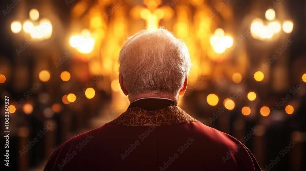 Devoted priest in prayer at a church viewed from the back Stock Photo | Adobe Stock