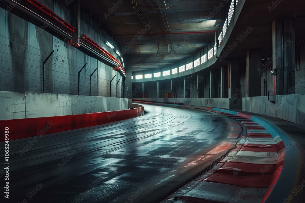 Empty indoor go kart racing track is winding its way through an empty ...