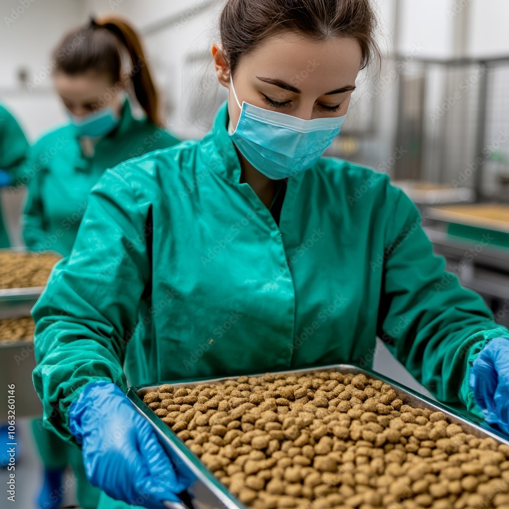 Workers in green uniforms handle trays of pet food in a production ...