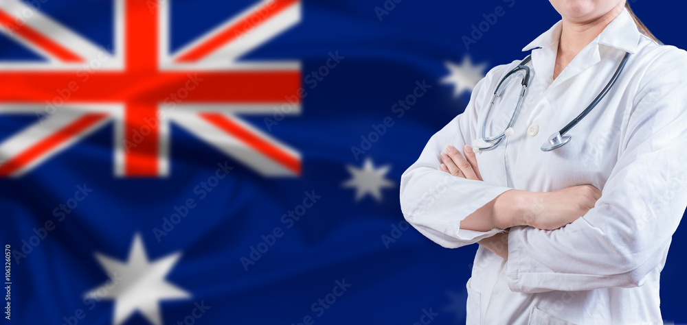 Doctor with crossed arms on Australian flag. Australian Health and Care ...