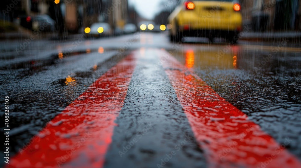 Double red lines on a wet asphalt road indicate no stopping at any time ...