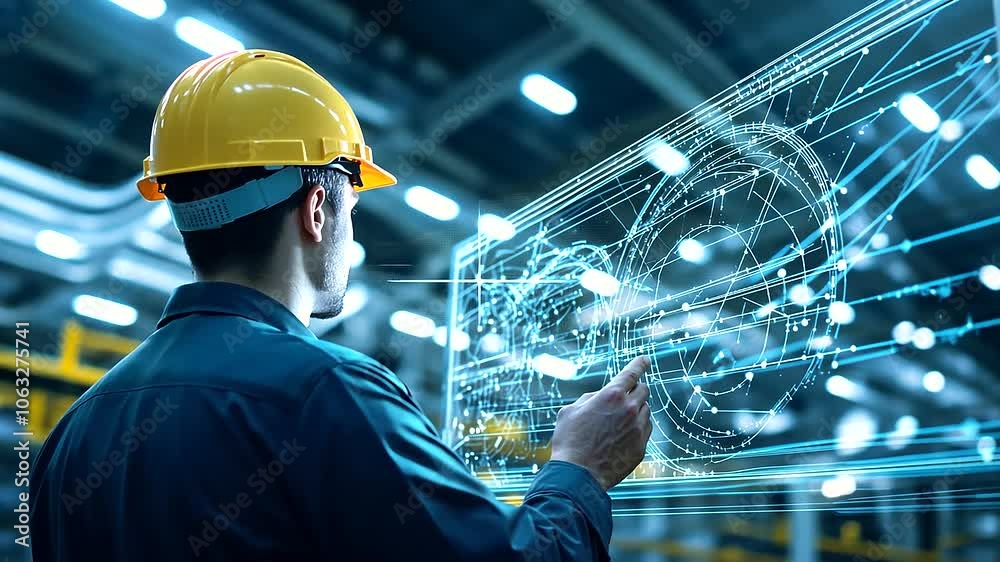 A worker in a hard hat supervising the extrusion of polyethylene pipes ...