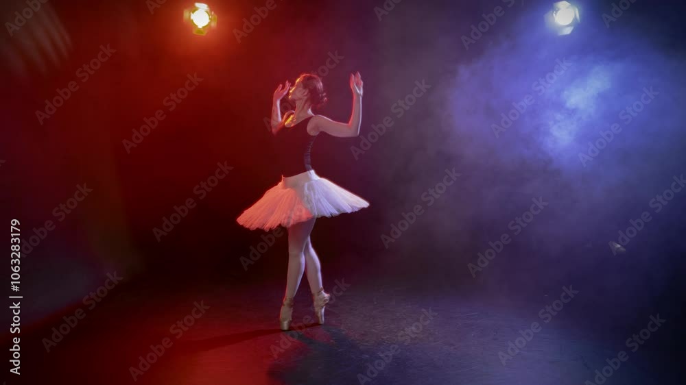 Talented ballerina performing fouettes and classical ballet steps in ...