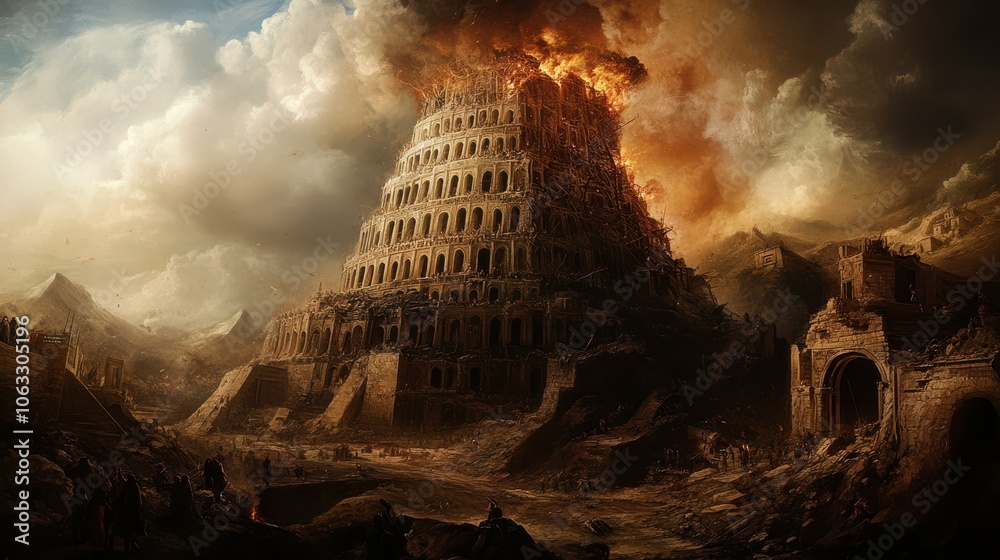 portrayal of the Tower of Babel being destroyed, where God confuses ...