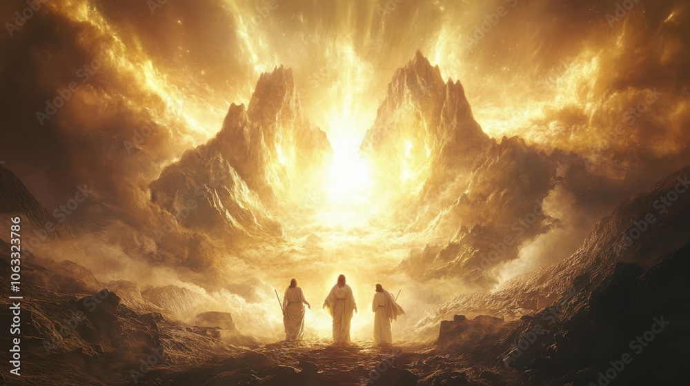 powerful image of the Transfiguration, where Jesus appears in divine glory alongside Moses and ...