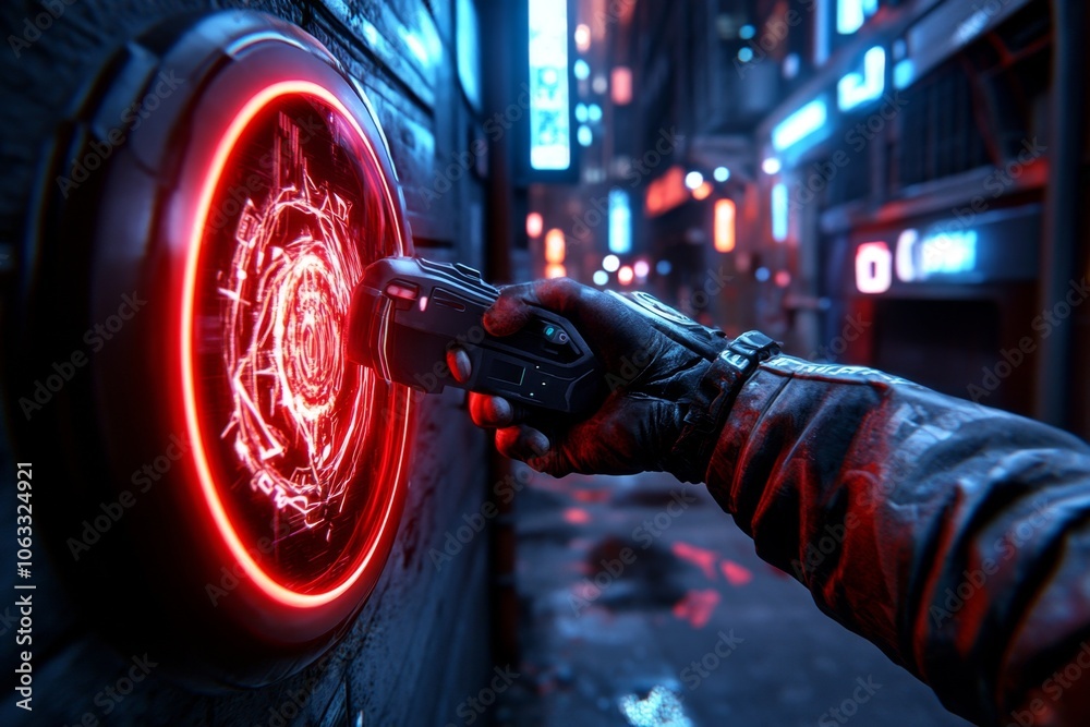 A person using a digital spray paint device in a cyberpunk alley ...