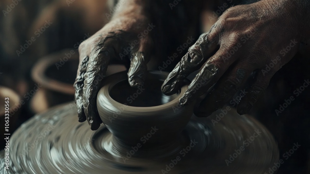 Pottery making process with hands molding clay on a spinning wheel ...