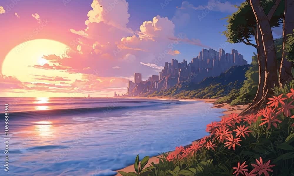 Beachside sunset with city skyline behind video lofi animation. Evening ...