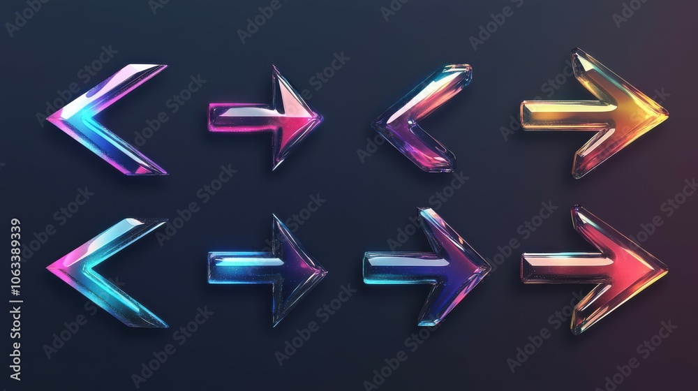 glass arrow icons set with refraction and holographic effect isolated ...