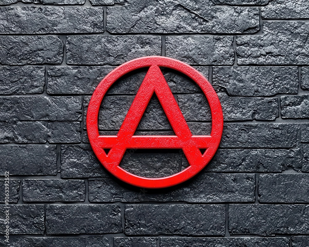 Red anarchy symbol on a textured black brick wall, representing ...