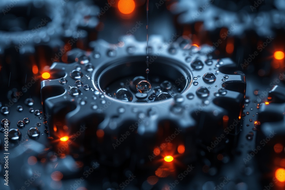 A detailed 3D illustration of a low poly cog gear with drops of oil ...